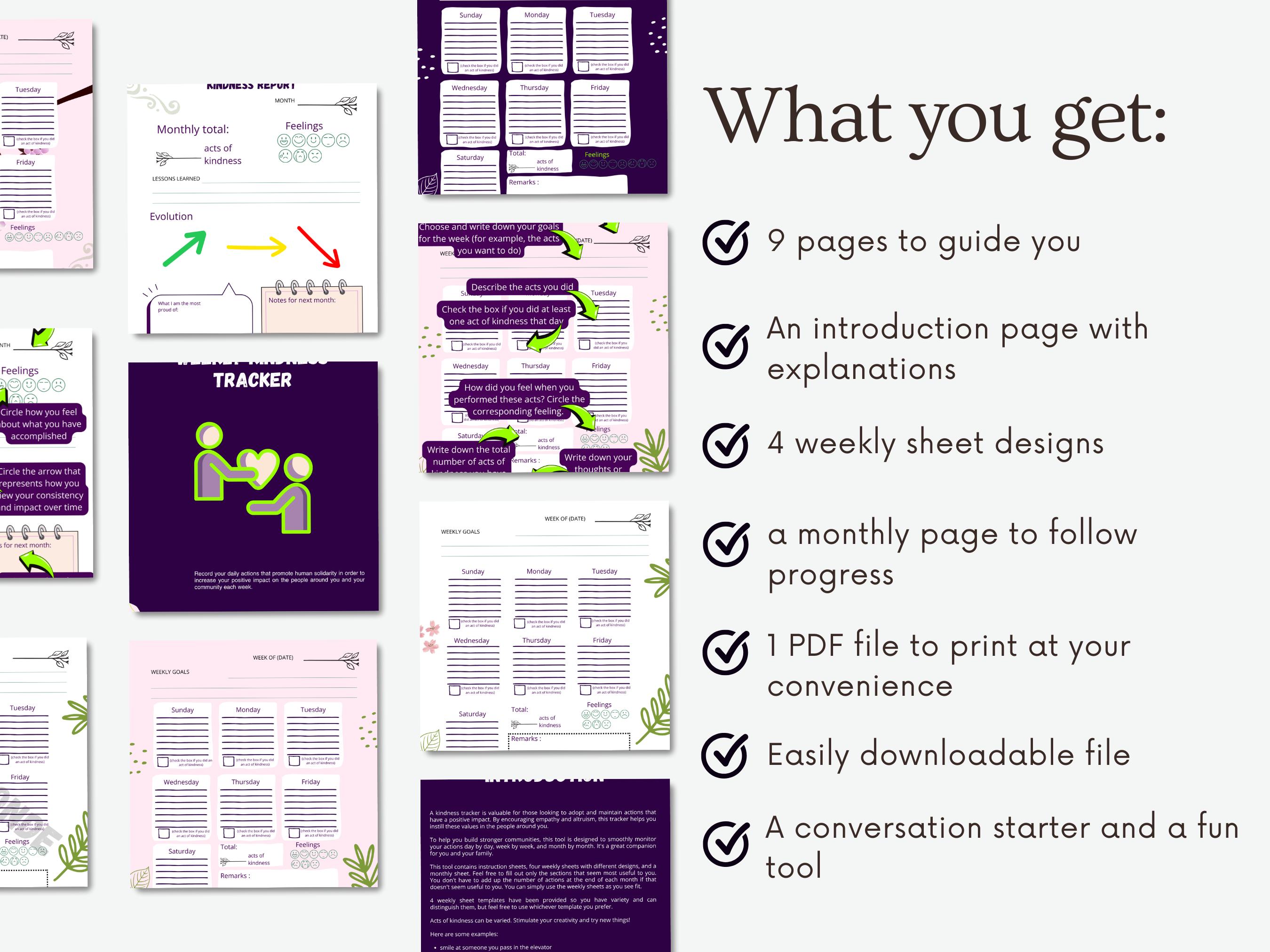 Kindness Tracker Printable Sheets | Daily Progress Journal ...