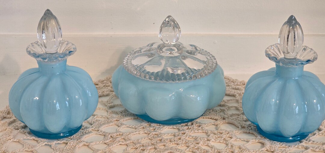 Fenton Blue Overlay Vanity Set ~~ Small Puff Box & Two Short Perfumes ...