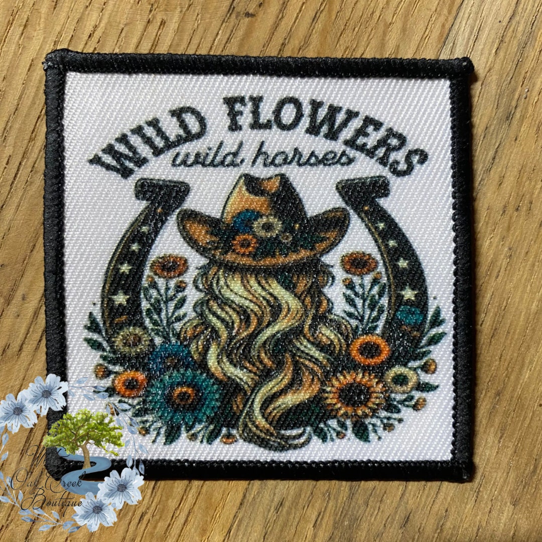 Wild Flowers & Wild Horses Hat Patch White Polyester Fabric Embroidered ...