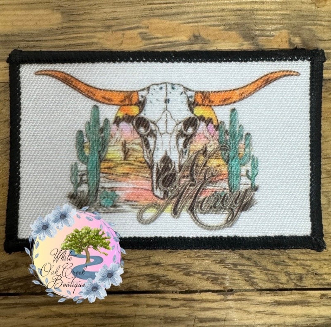 Longhorn Rodeo Bull Skull Trucker Hat Patch White Polyester Fabric With ...