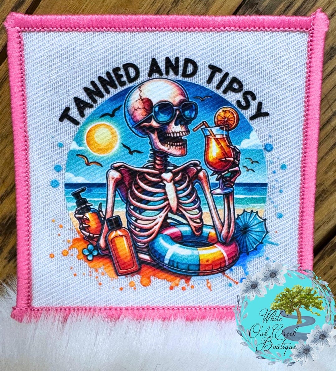 Tanned & Tipsy Skeleton Trucker Hat Patch White With Pink Embroidered ...