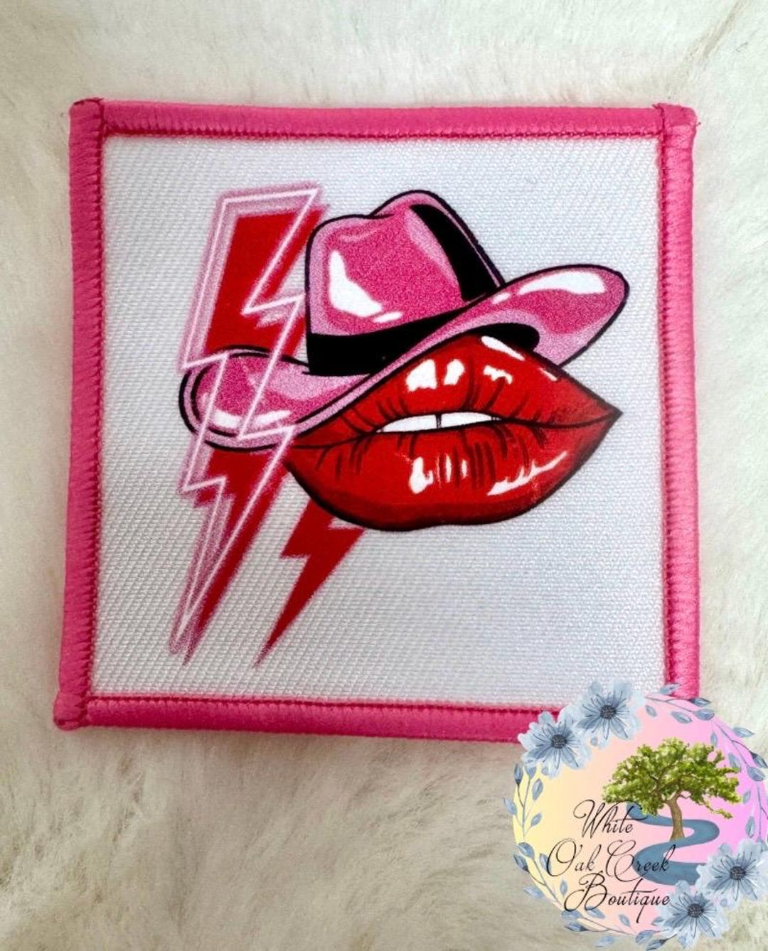 Pink Trim Lightening Bolts Cowboy Hat Lips Trucker Hat Patch White ...