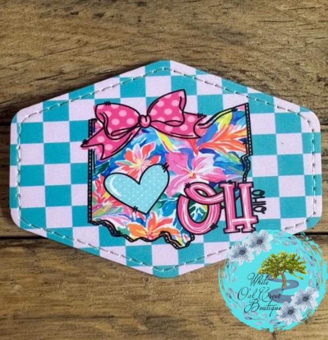 Ohio Pink Bow Teal Checkered Trucker Hat Patch Hexagon Threaded 3 1/2”x ...