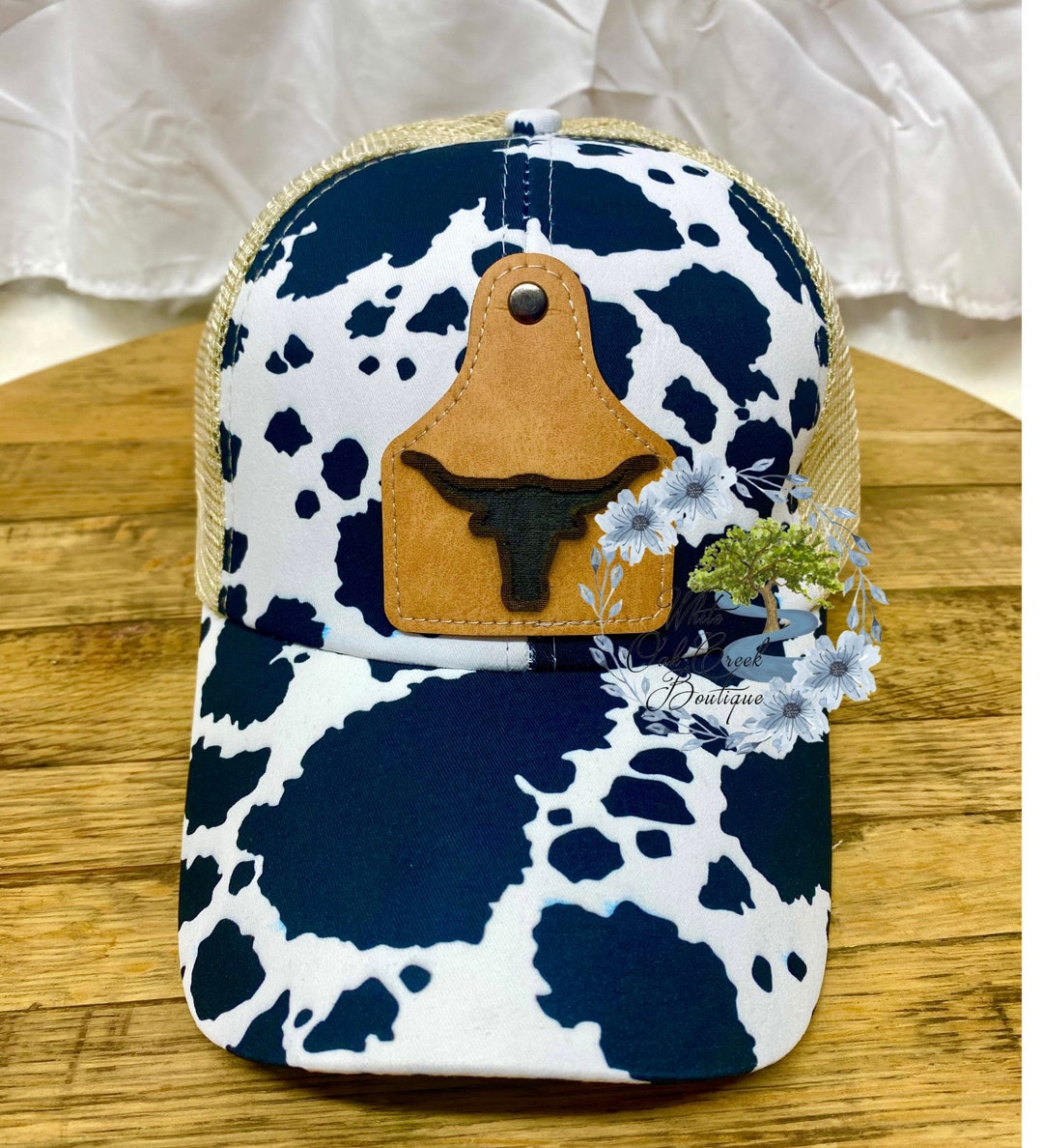 Cow Print Black Cow Tag Ponytail Trucker Hat Laser Longhorn Country ...