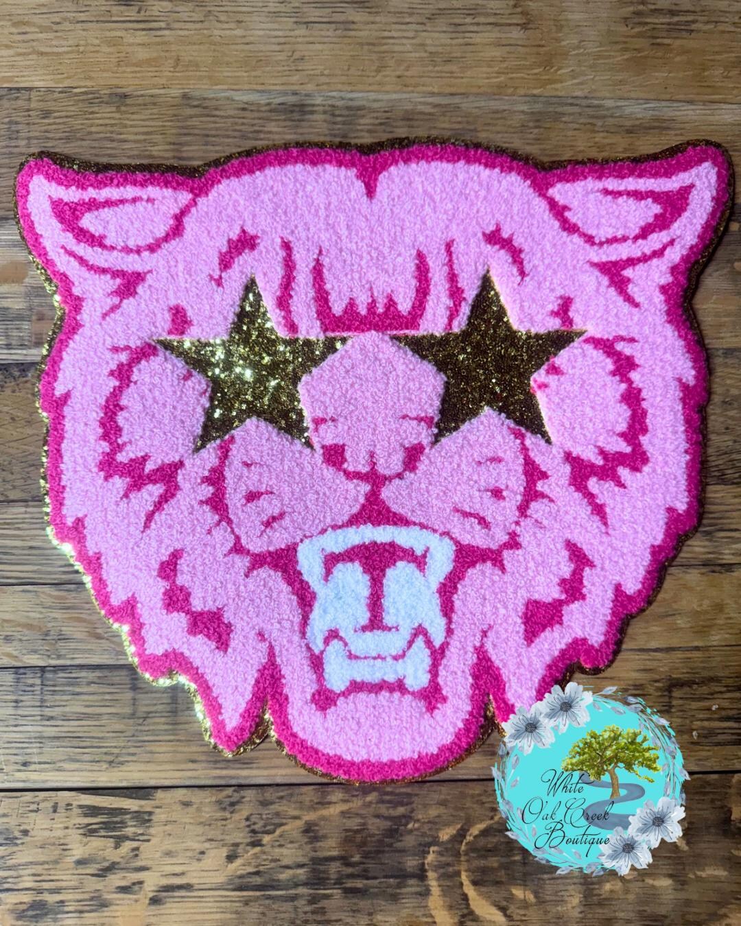 LARGE Pink Wildcat Chenille With Gold Glitter Stars & Trim 11 Iron-on ...