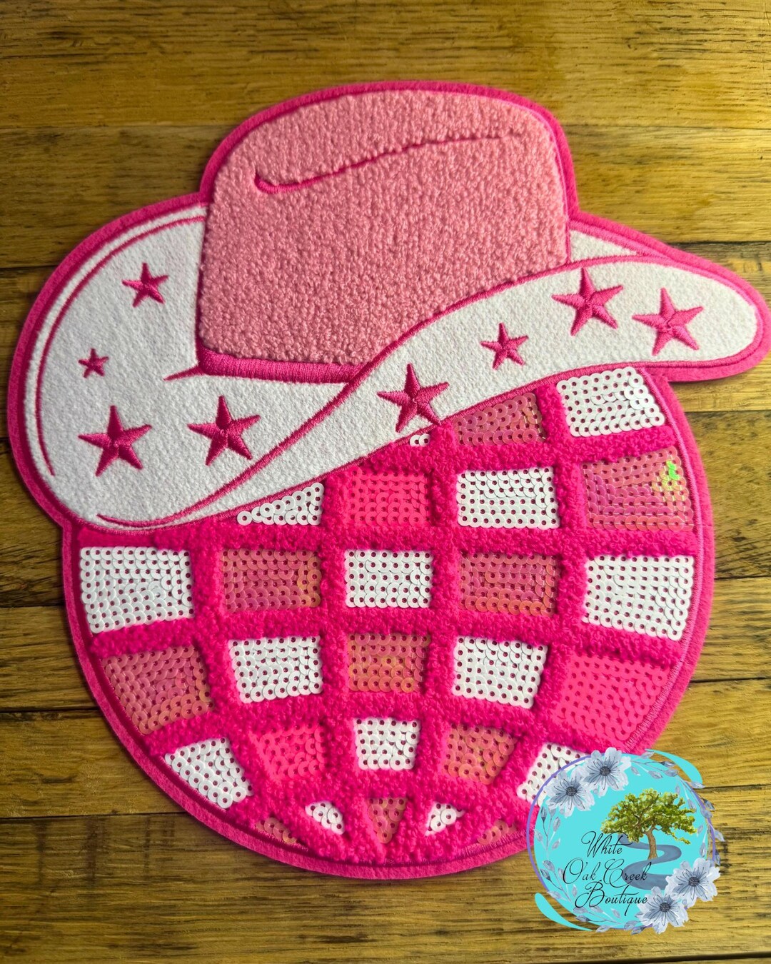 LARGE Chenille Pink Cowboy Hat Sequin Disco Ball 9.7” Wide X 10” Tall Iron-on Patch DIY Hot Pink ...