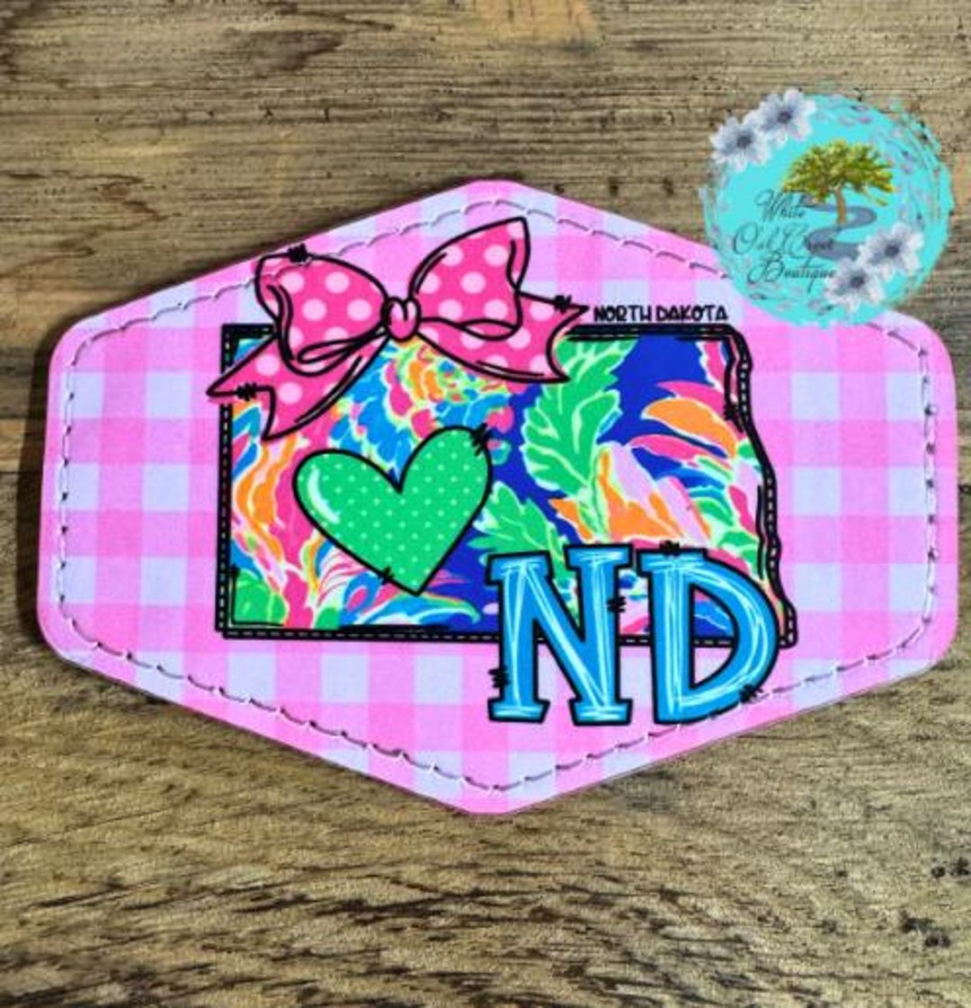 North Dakota Pink Bow Checkered Trucker Hat Patch Hexagon Threaded 3 1/ ...