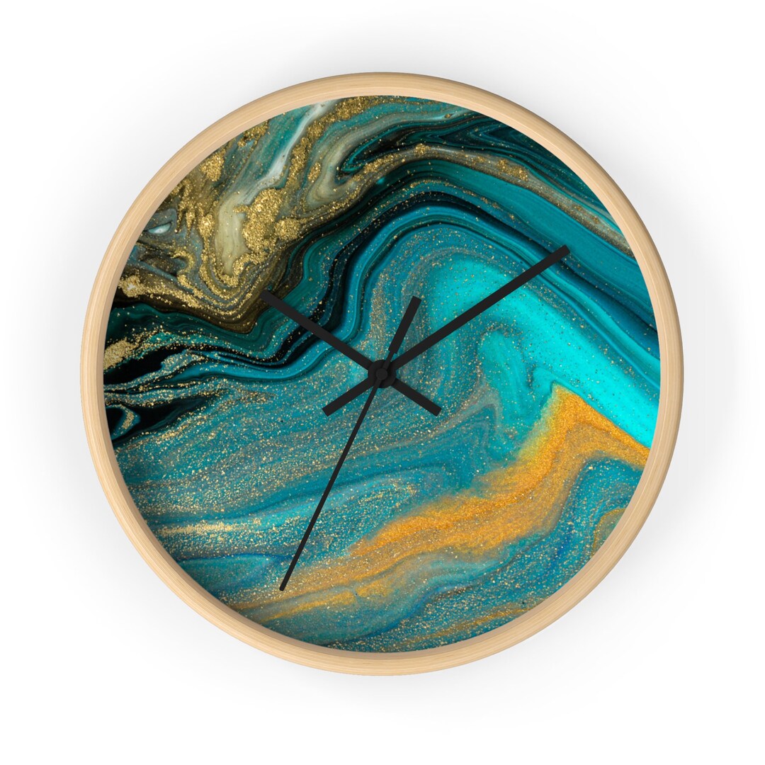 Marbled Teal, Blue, Gold and Green Wall Clock, Christmas Gift, Home ...