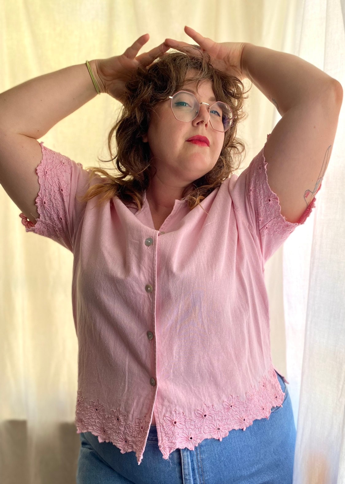 Vintage 90s Pastel Pink Button up With Embroidered Flower Details on ...