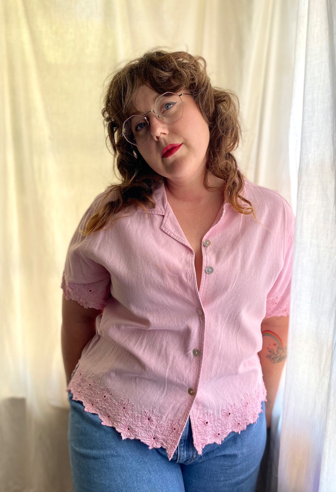 Vintage 90s Pastel Pink Button up With Embroidered Flower Details on ...