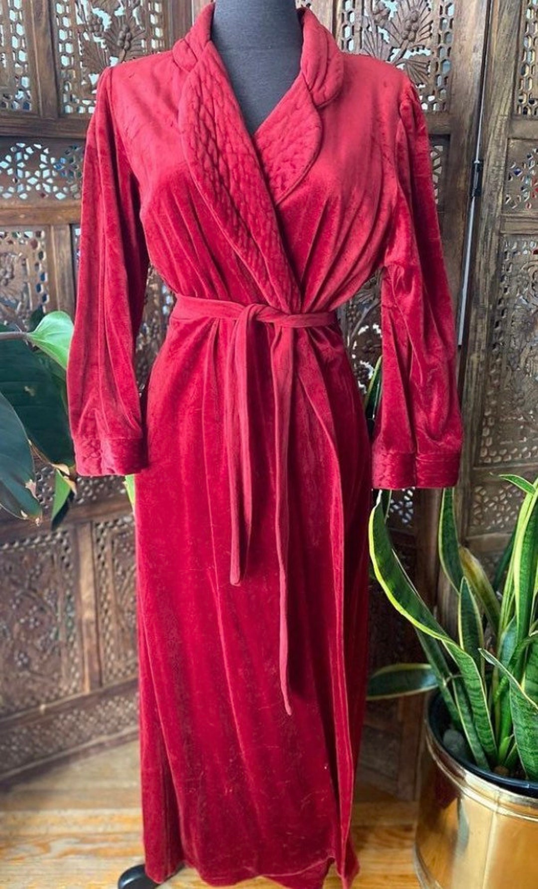 Vintage 70s Cabernet Red Velvet Dressing Robe With Quilted Collar by ...