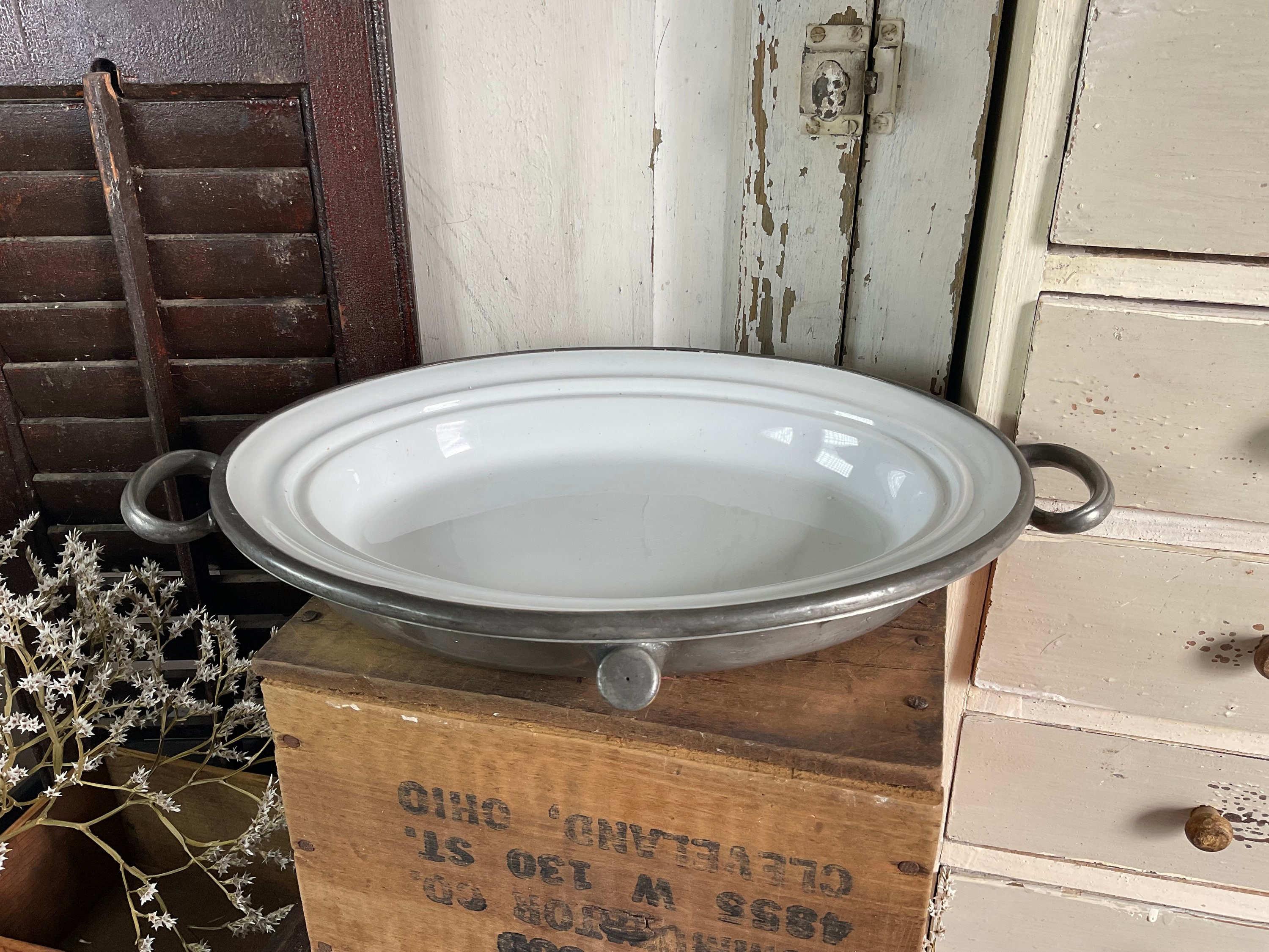 Antique Pewter and Porcelain Warming Plate, European Antique Warming ...