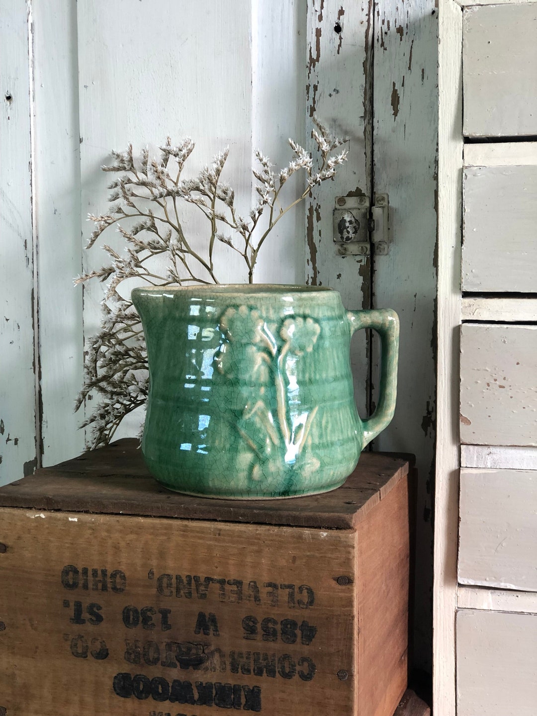 Green Vintage Glazed Stoneware Pitcher, Early Robinson Ransbottom ...