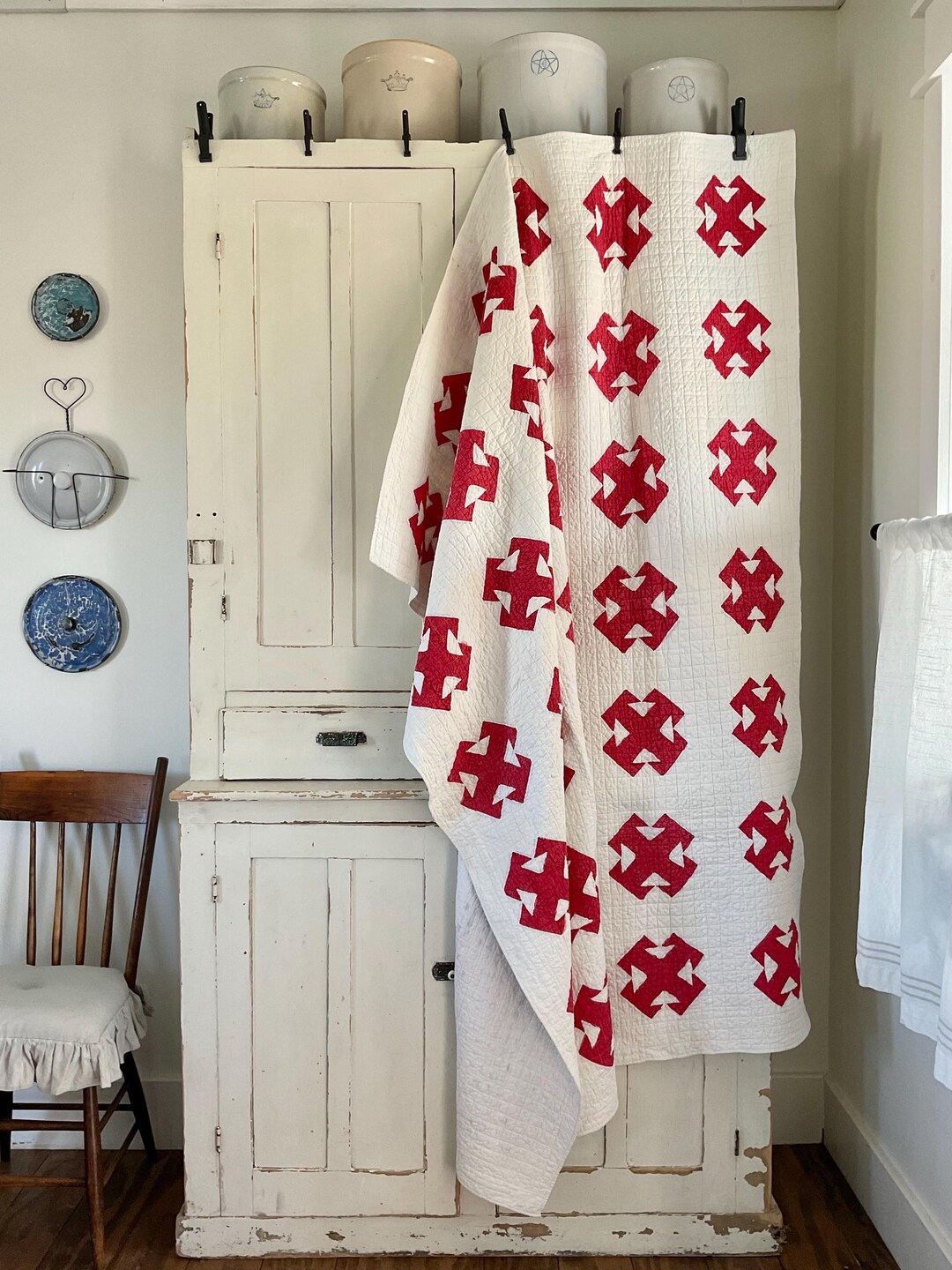 Red and White Quilt, Queen Cross Double T Quilt Block, Antique Red and ...