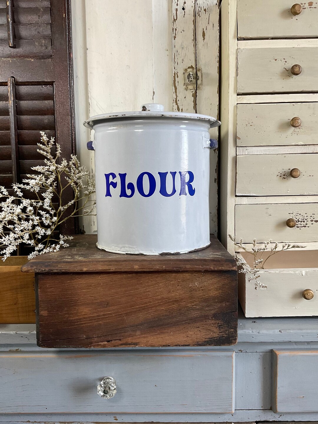 Vintage Enamelware Flour Canister - Etsy