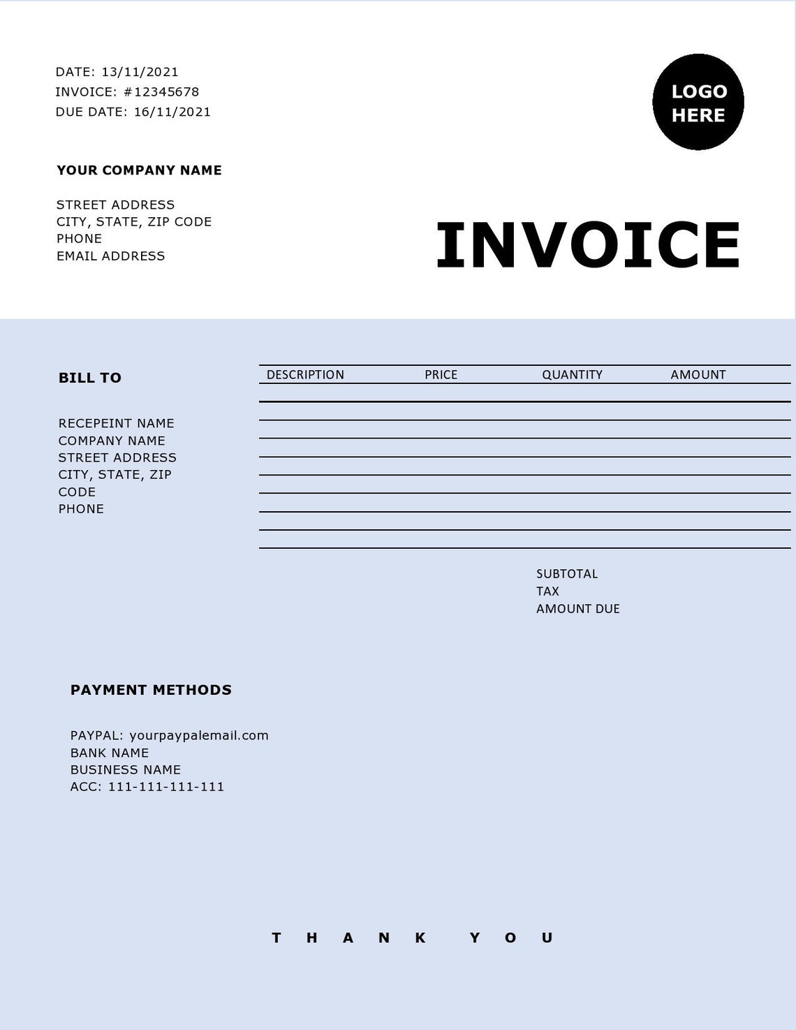Blue Digital Excel & Word Invoice Template Editable Instant | Etsy