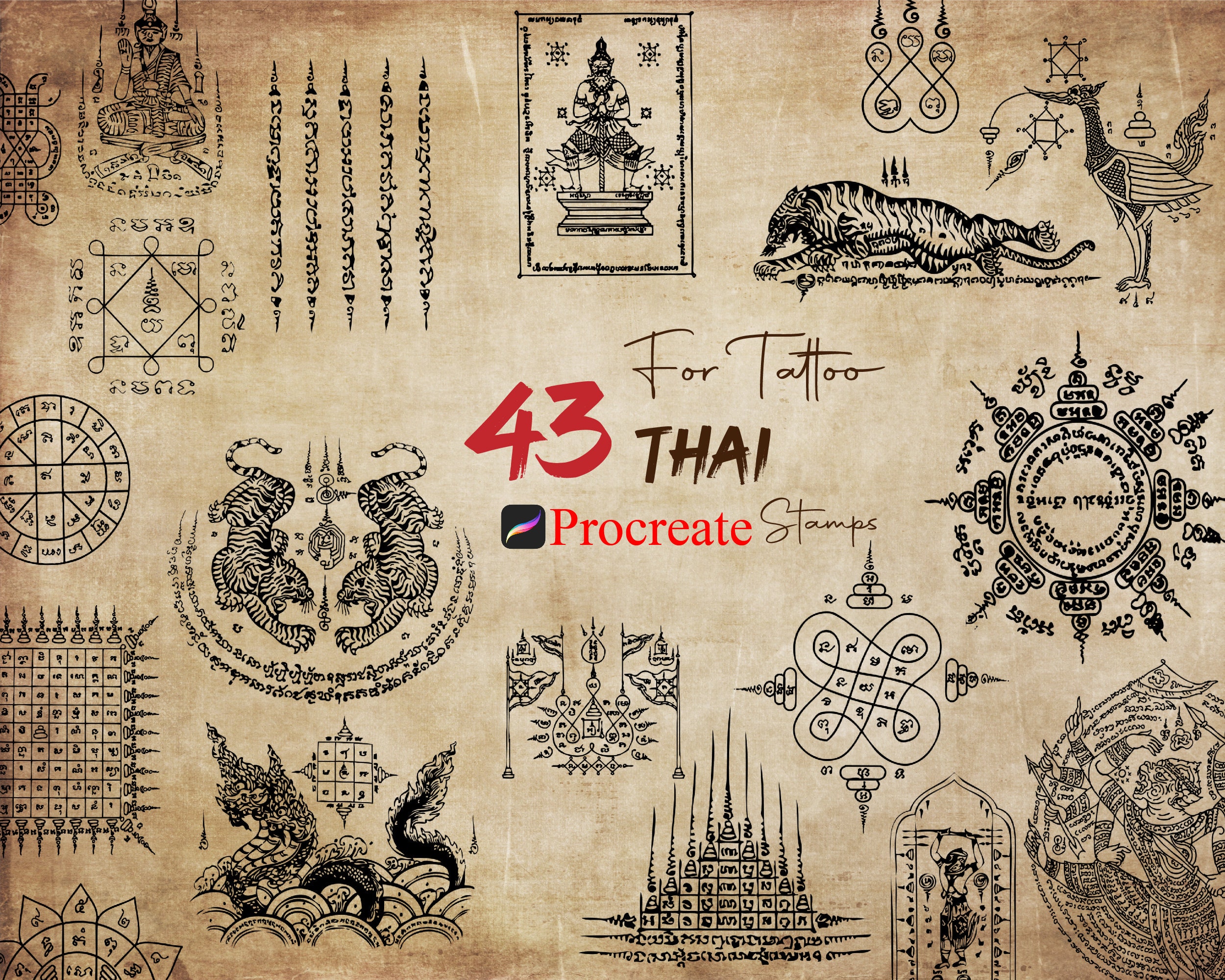 43 Thai Tattoo Procreate Stamps: Asian Mythology, Calligraphy (digital ...