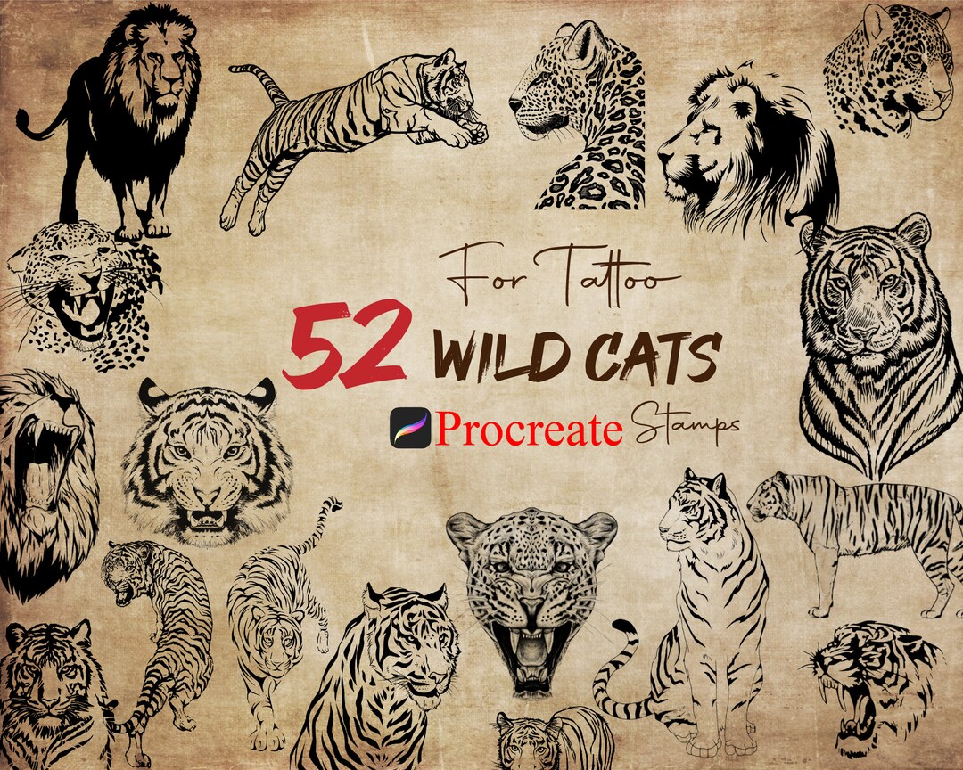 52 Wild Cats Tattoo Stamps: Tiger, Lion, Leopard (procreate .brushset ...