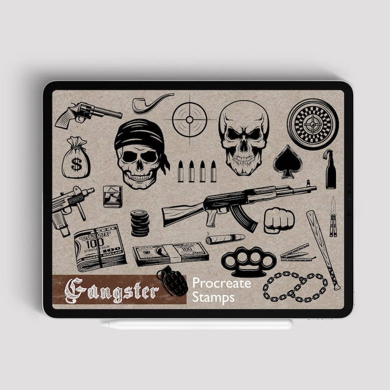 Procreate 45 Gangster Stamps Brush Skull Tattoo Money Gun - Etsy