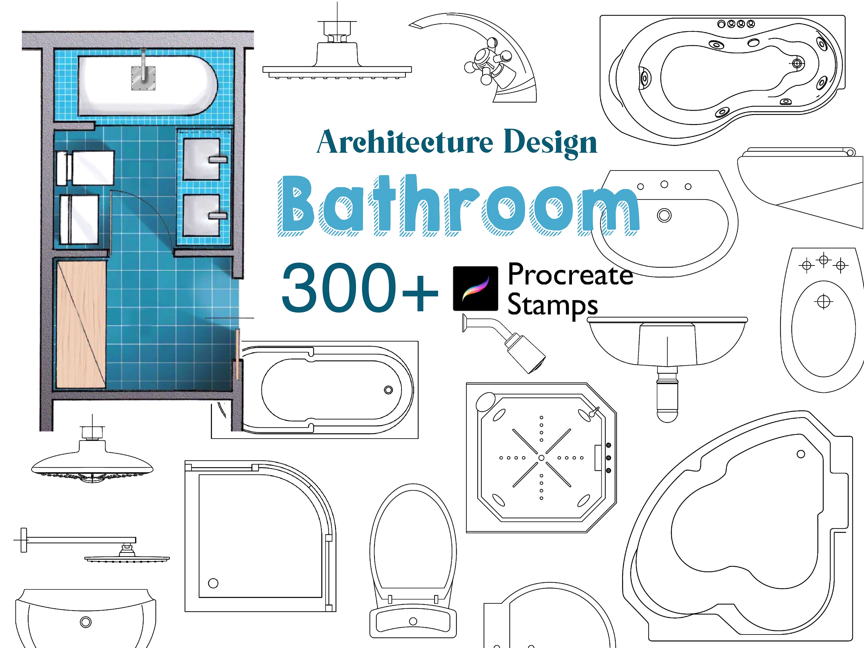 300+ Procreate Bathroom Stamps: Architect Design Brush (digital ...