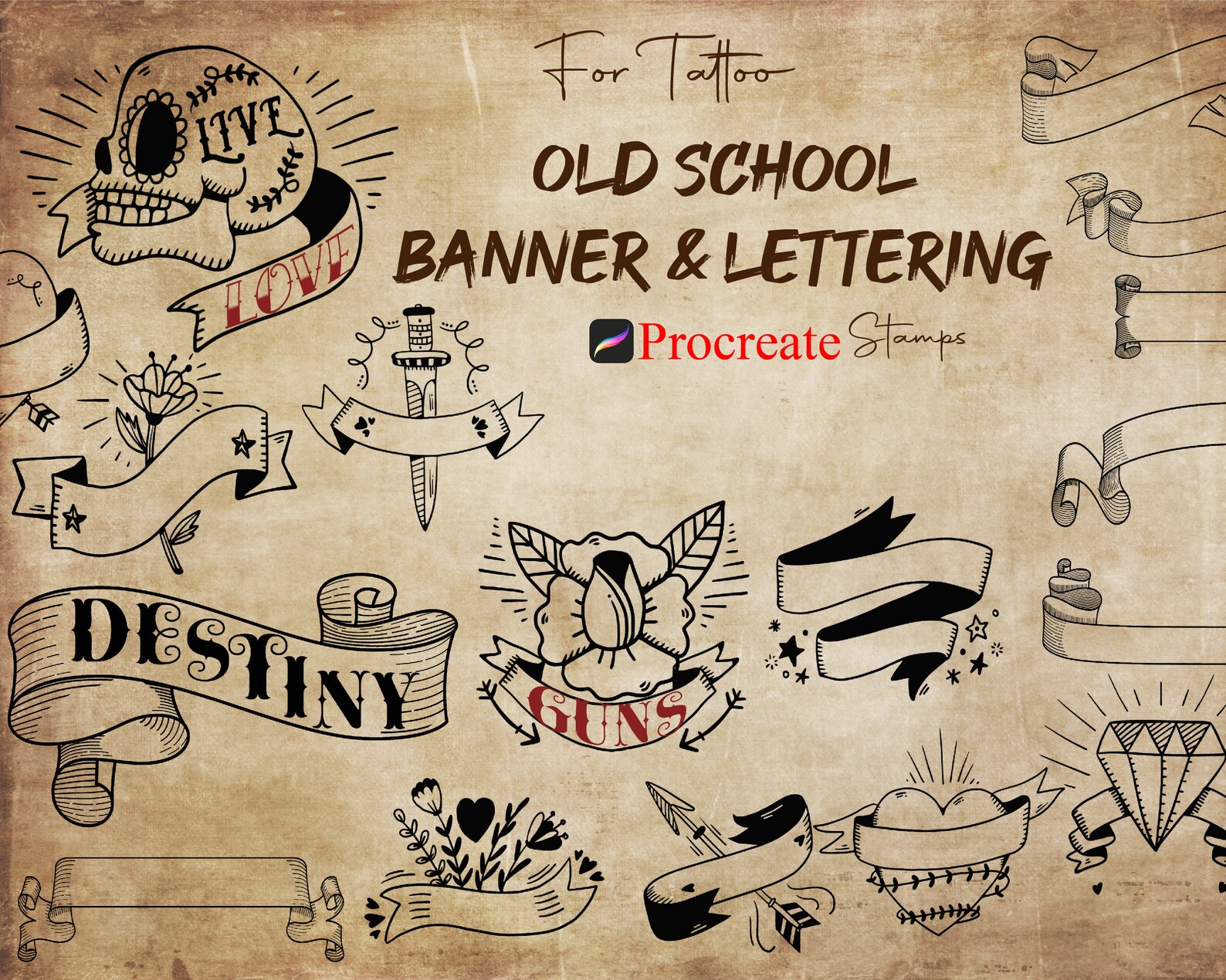 Procreate Old School Banner Stamps Procreate Tattoo Stamps - Etsy