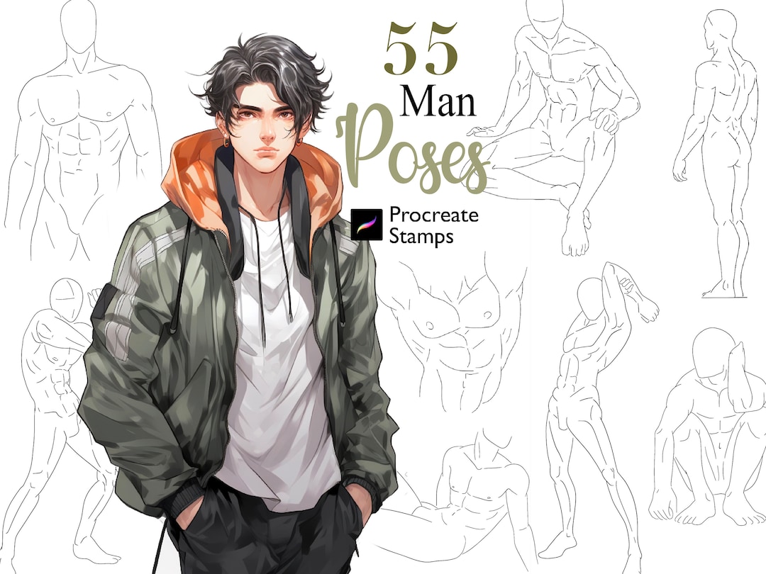 55 Procreate Man Poses Stamps Man Body Guides Brushes Character Maker ...