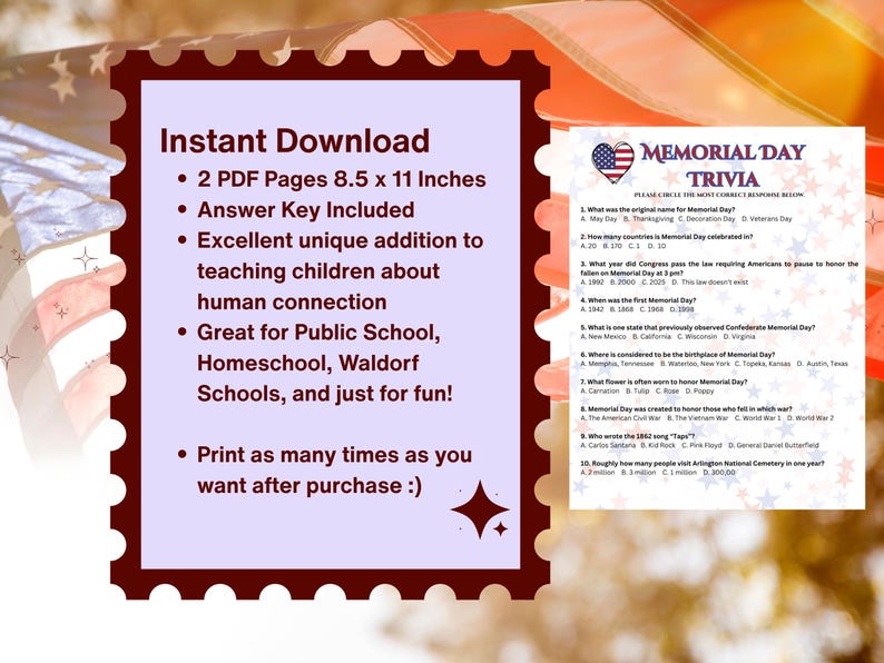 Memorial Day Trivia Game - Fun Facts for Schools, Parties, Office, All ...