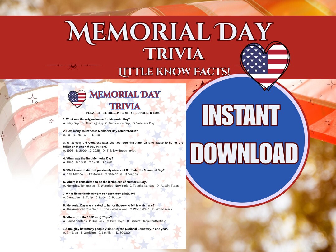 Memorial Day Trivia Game - Fun Facts for Schools, Parties, Office, All ...