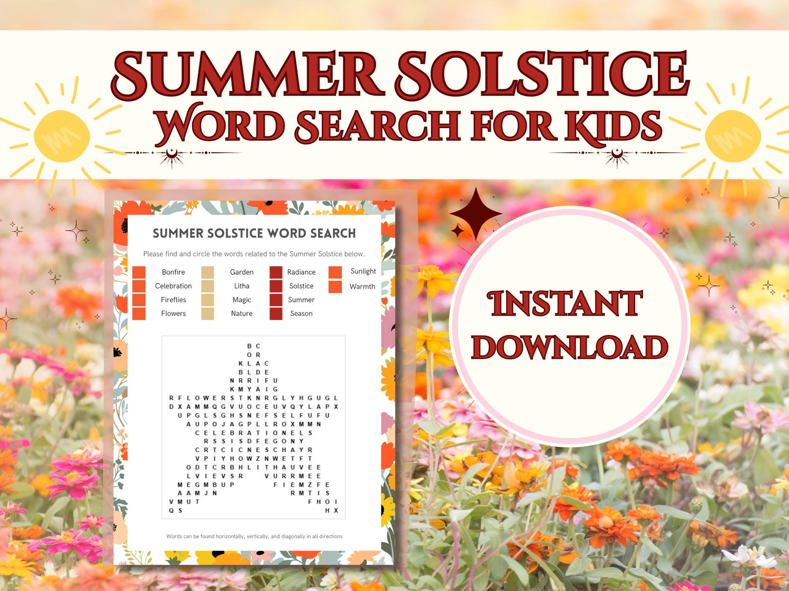 Summer Solstice Word Search for Kids: Litha Activity (instant Download ...