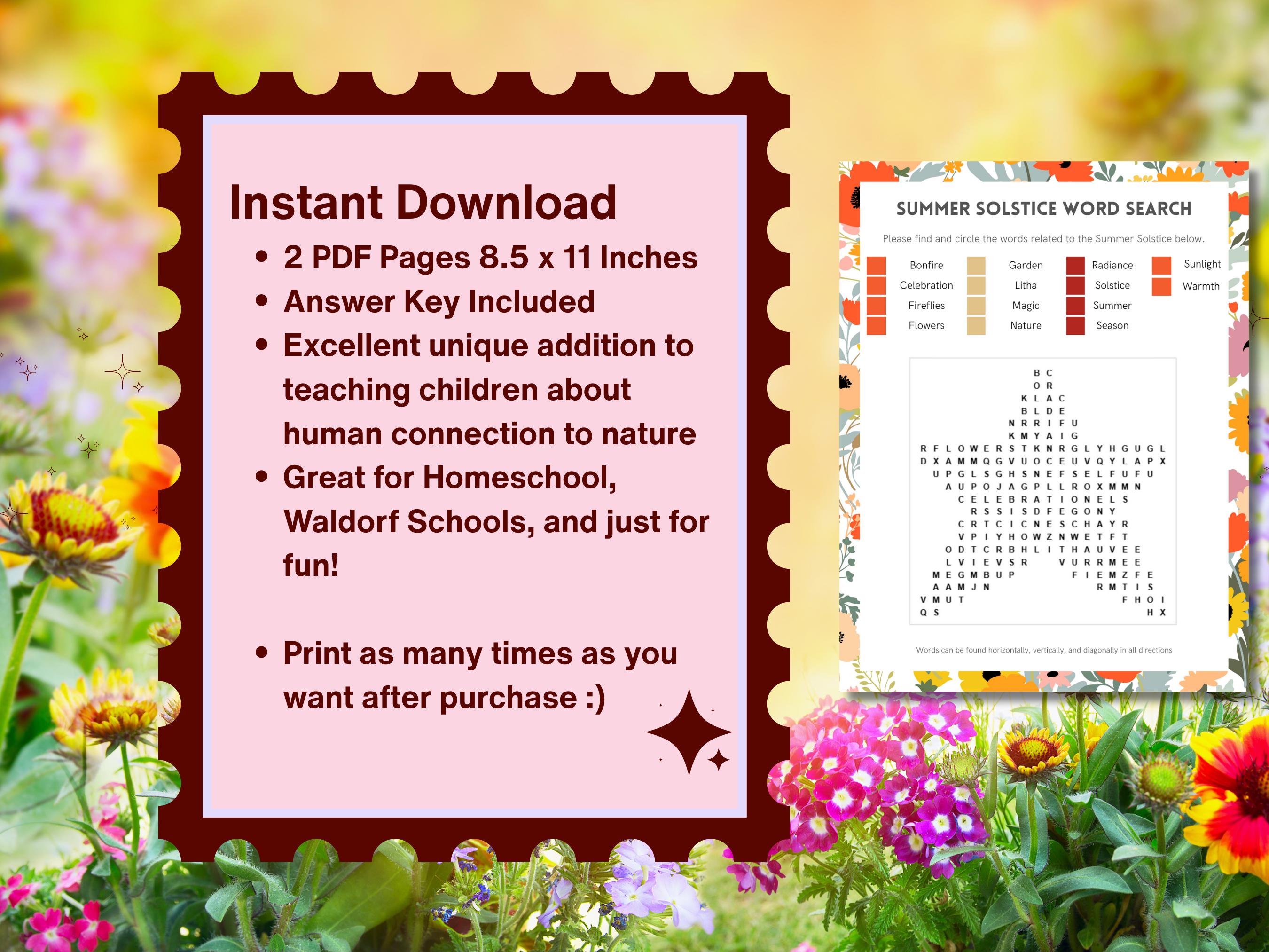 Summer Solstice Kids Word Search – Printable Litha Activity for Waldorf ...