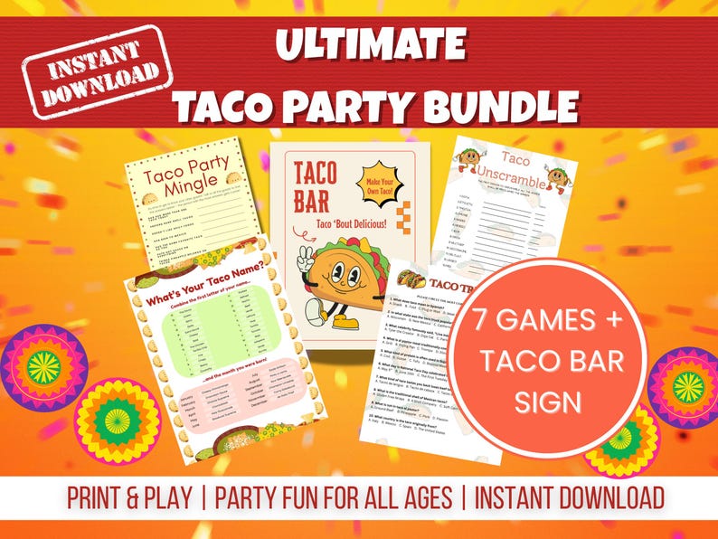 Ultimate Taco Party Game Bundle – 7 Printable Games + Taco Bar Sign ...
