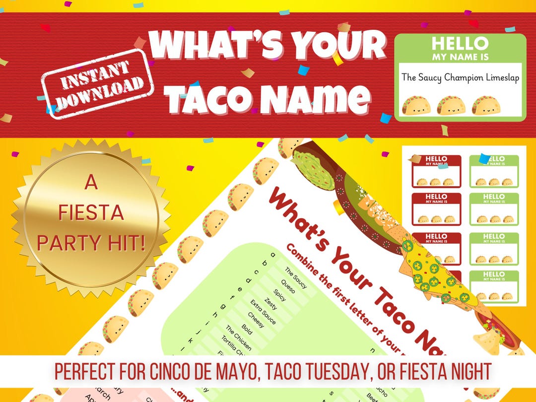 What’s Your Taco Name? Funny Printable Party Game + Name Tags | Cinco ...