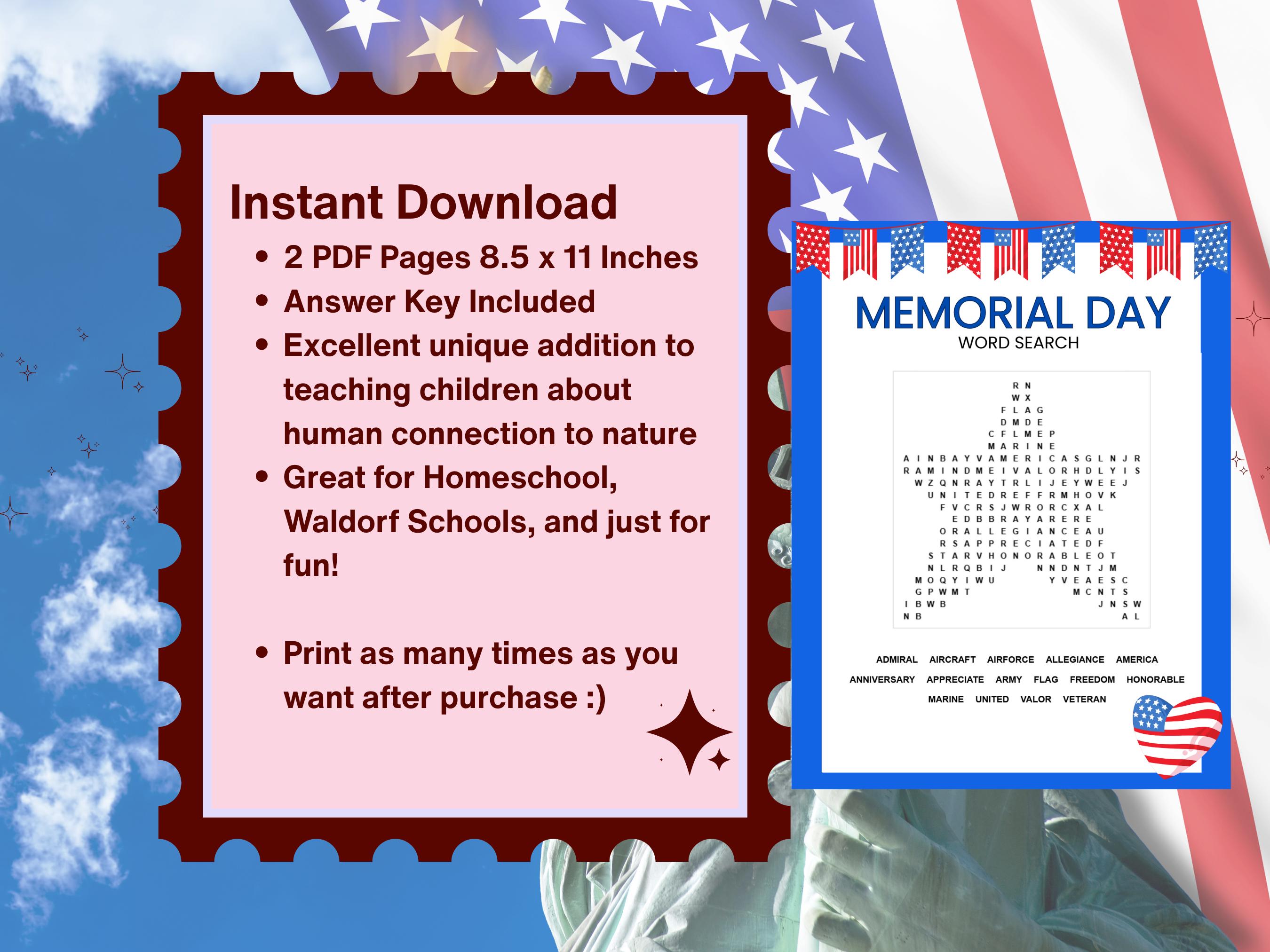 Memorial Day Word Search Printable for Kids - Homeschool Activity ...