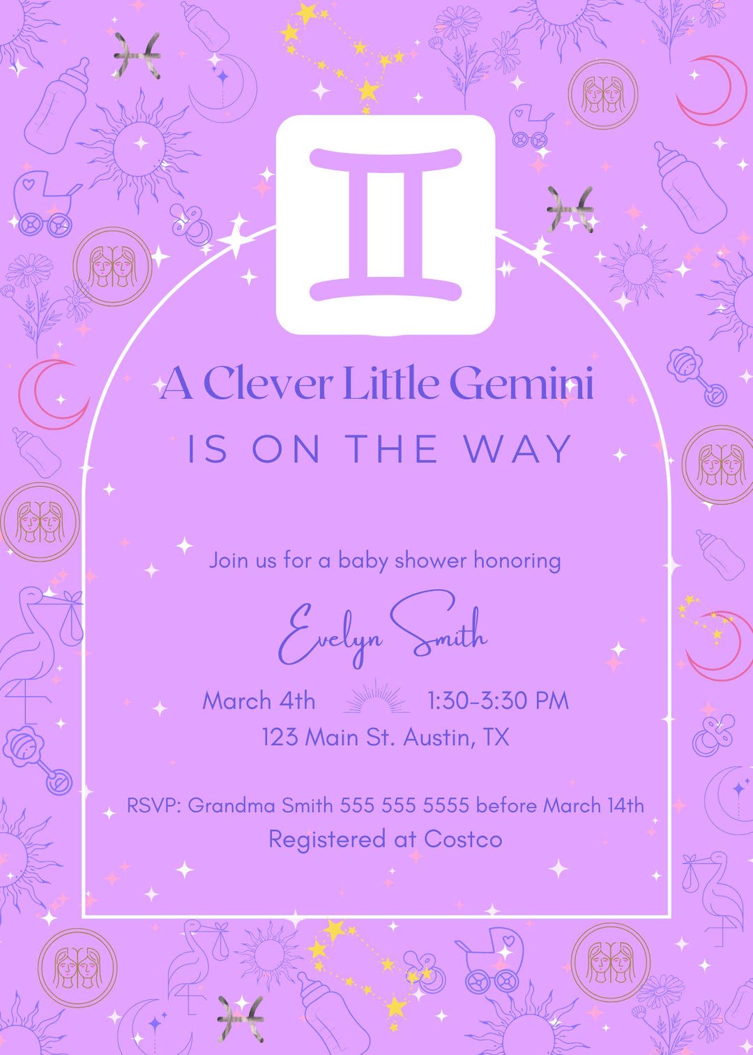 Editable Gemini Baby Shower Vertical Invitation | Astrology-themed ...