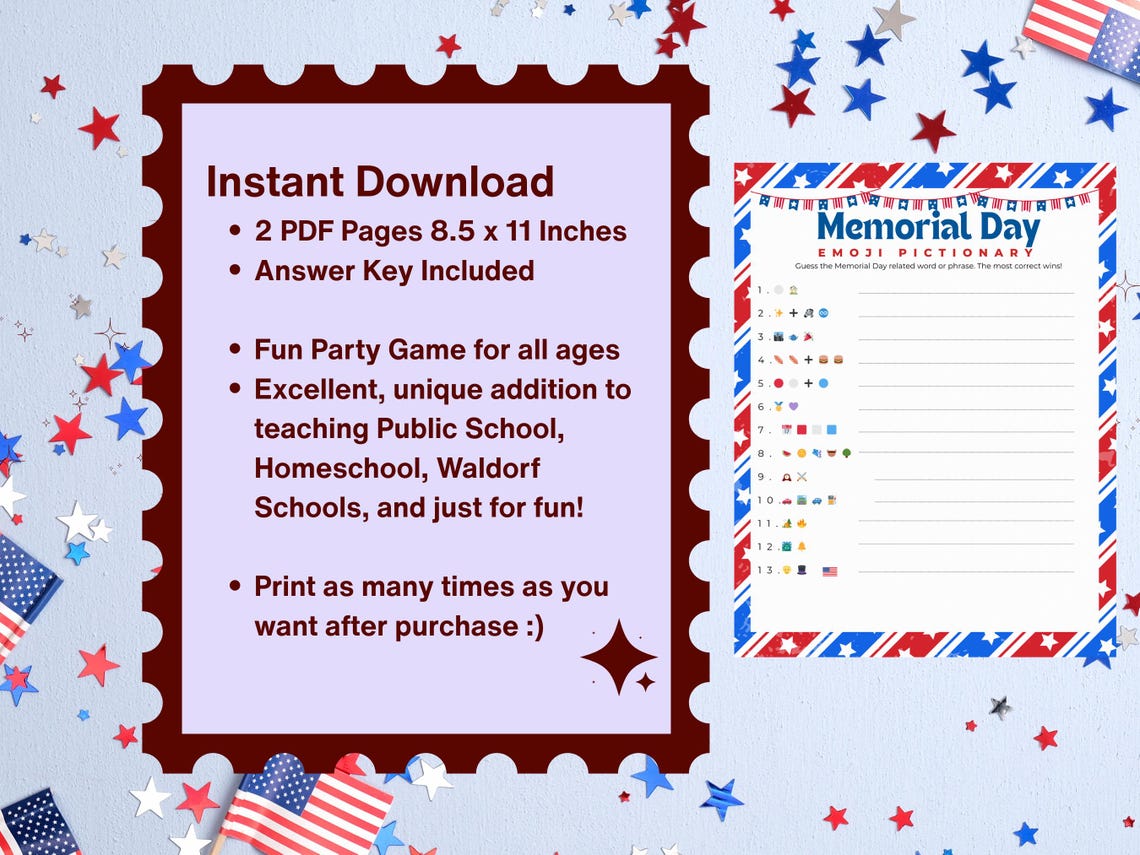 Memorial Day Emoji Pictionary Game - Fun Activity for Schools, Parties ...