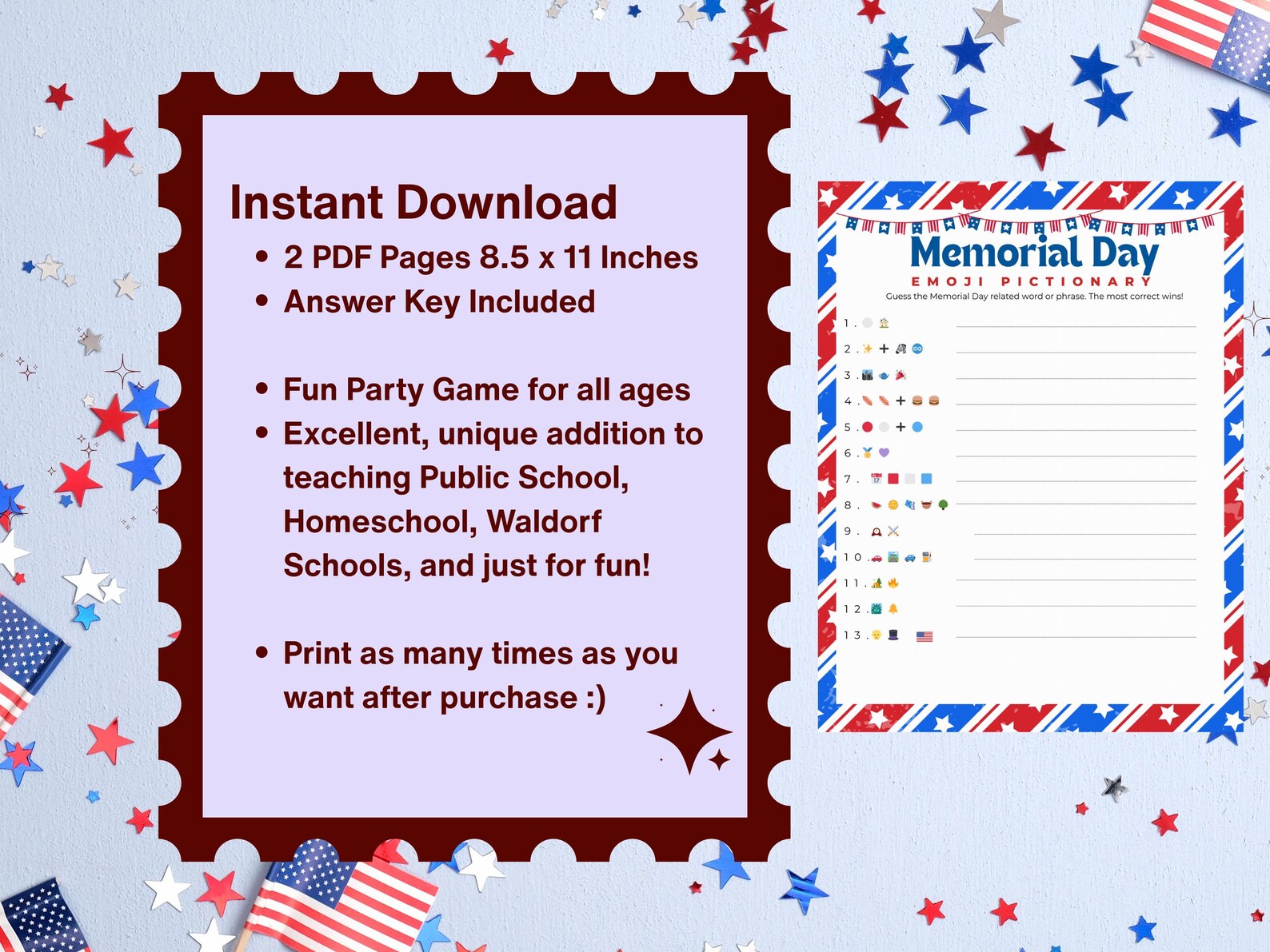 Memorial Day Emoji Pictionary Game - Fun Activity for Schools, Parties ...