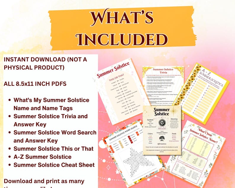Summer Solstice Activity Bundle – Printable Games, Solstice Cheat Sheet ...