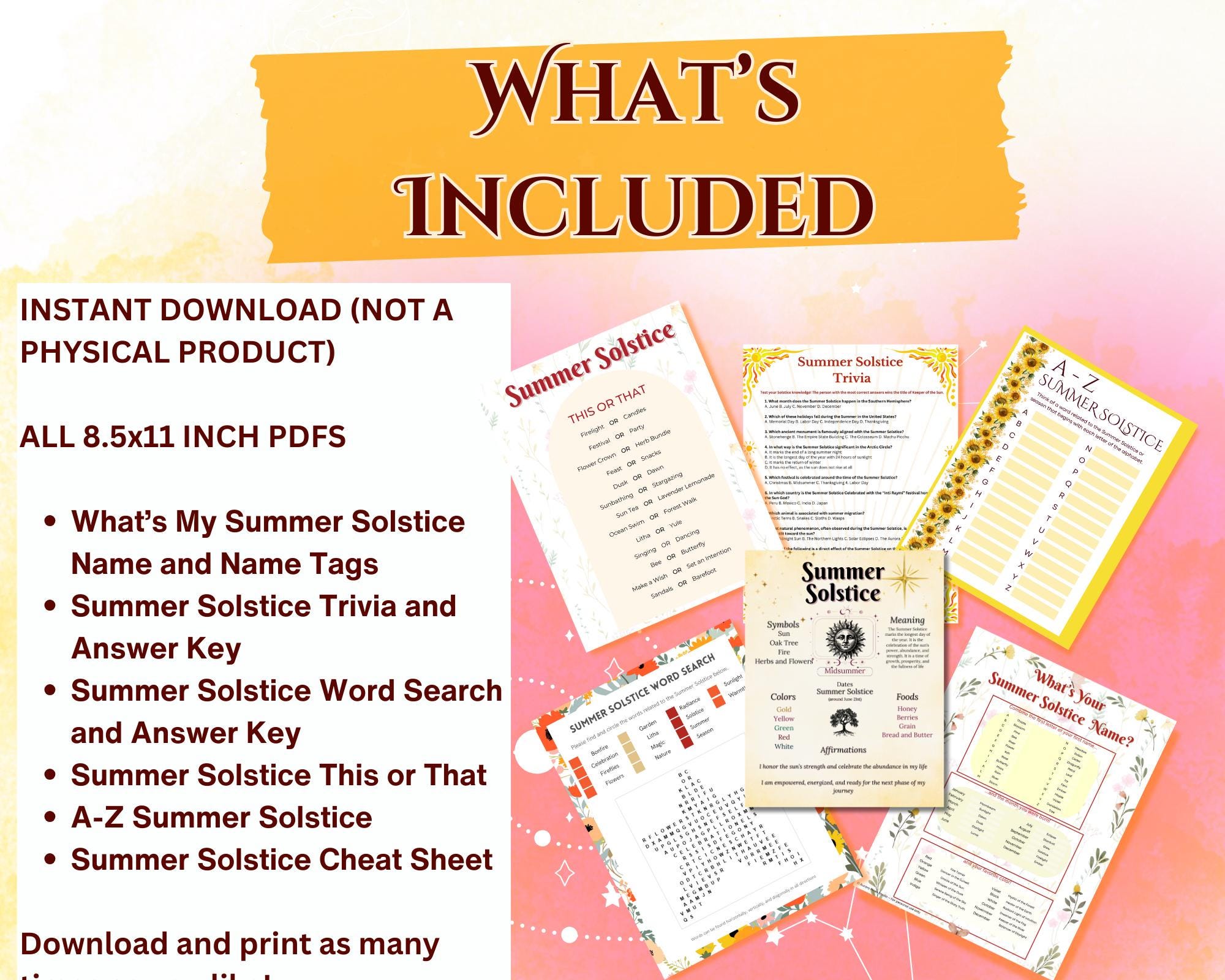 Summer Solstice Activity Bundle – Printable Games, Solstice Cheat Sheet ...