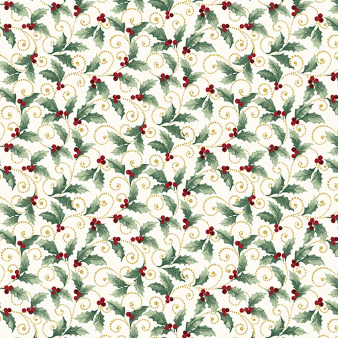 Holly and Scroll Cream 100% Cotton Metallic Christmas Quilting Fabric ...