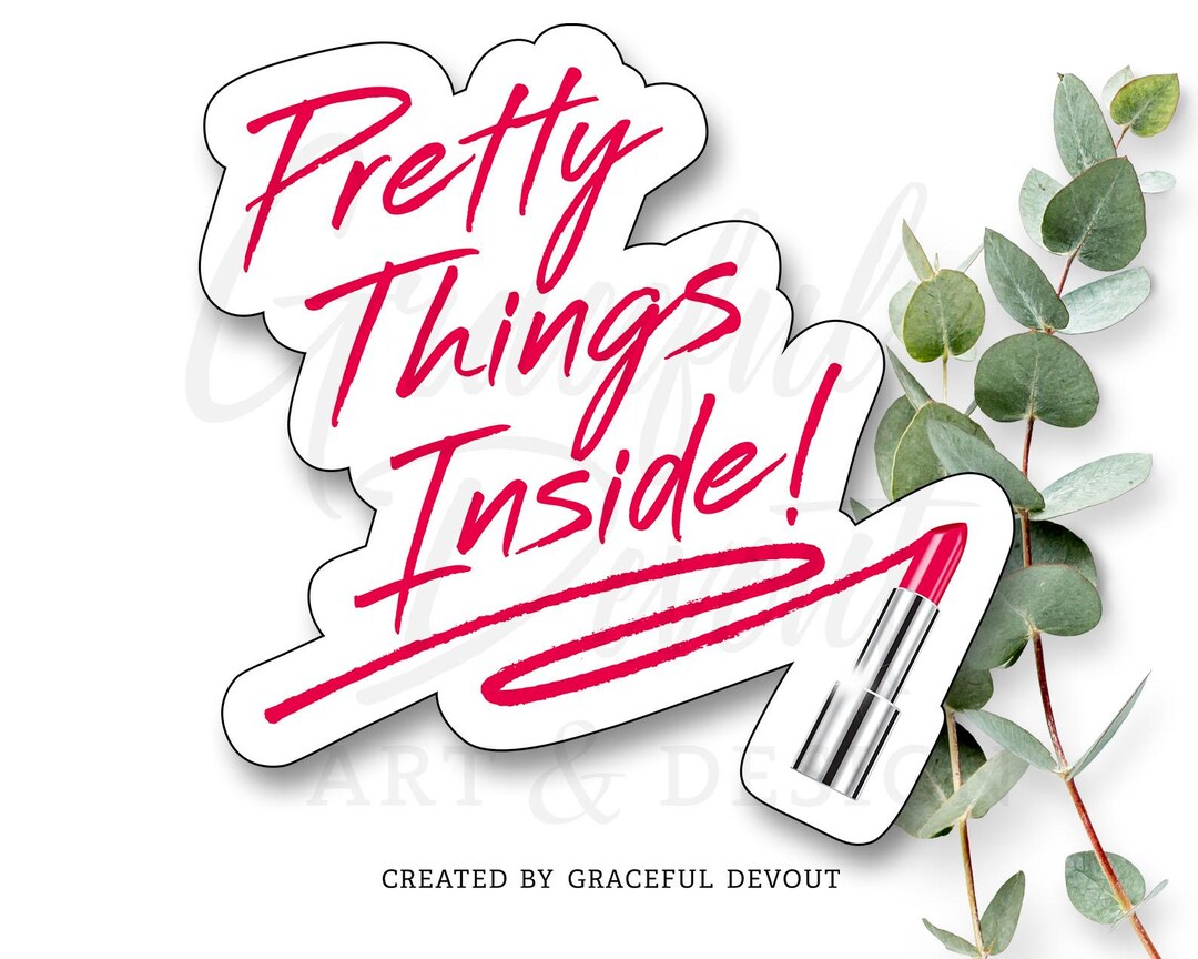 Pretty Things Inside!- 2" (inches) Stickers, (WHITE) Red Lipstick ...