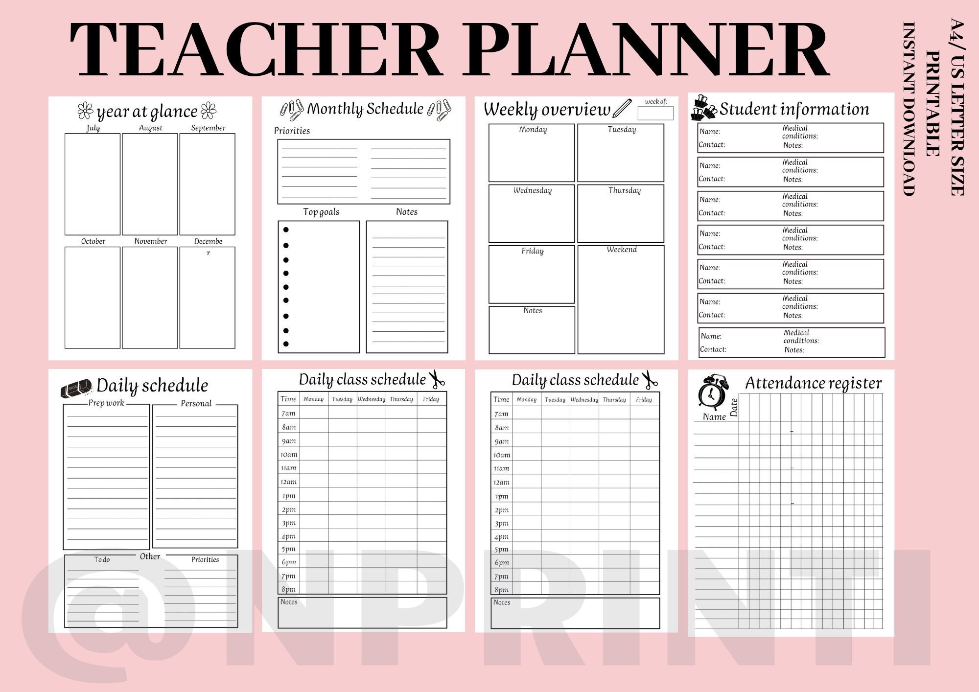 Teacher Planner- PDF Planner Printable- Printable Planner- Undated ...