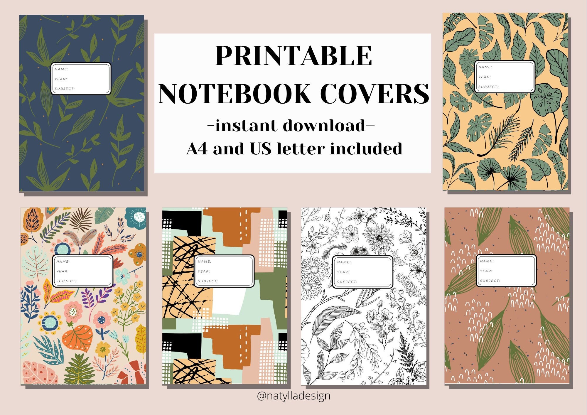 PDF Printable Notebook Covers, Downloadable Cover Pages, Instant ...