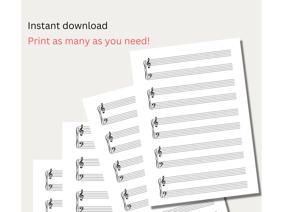Music Notation Paper Printable, Blank Sheet Music, Treble and Bass Clef ...