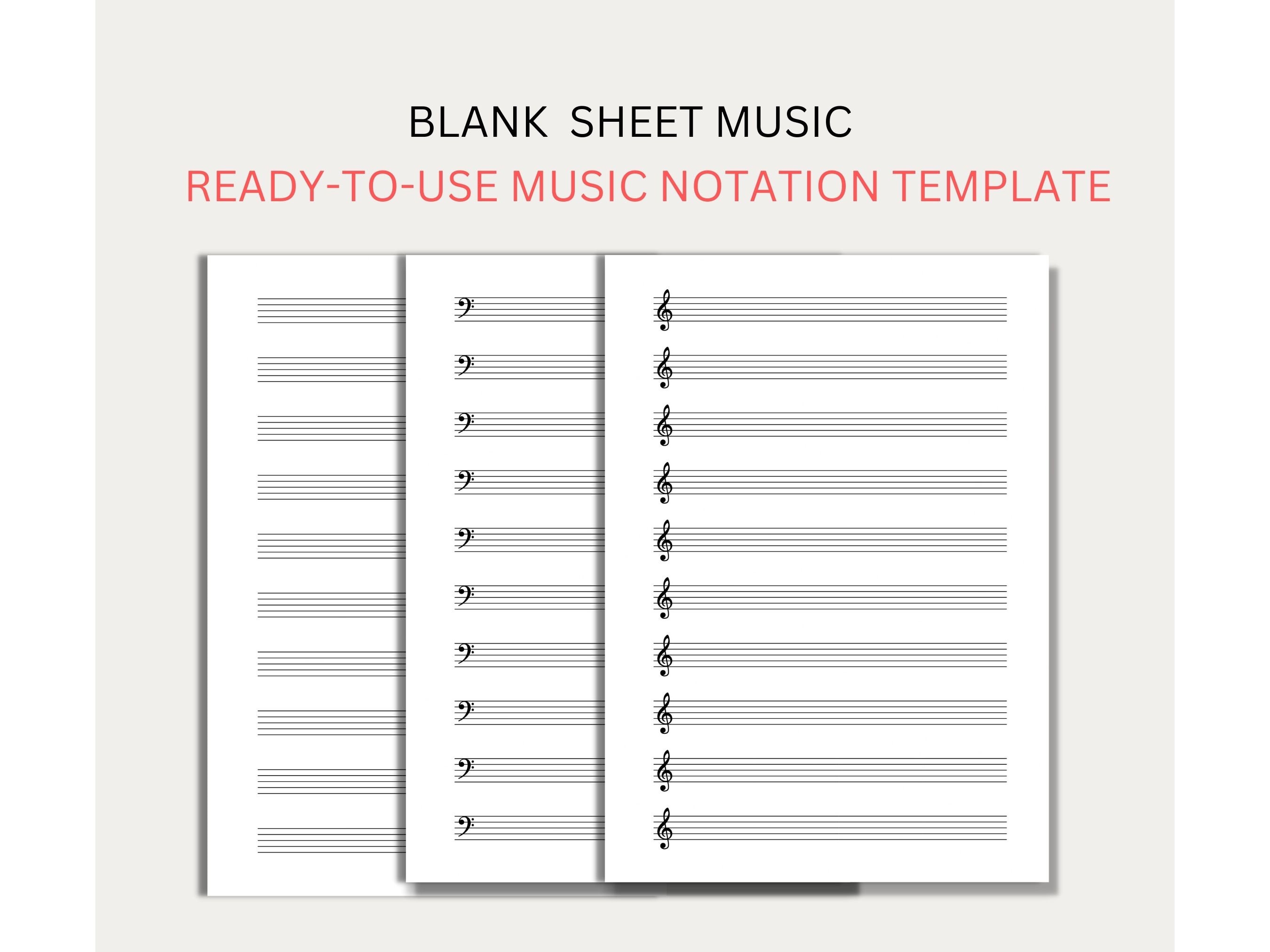 Printable Sheet Music, Blank Music Notation Paper, Treble Bass Clef ...