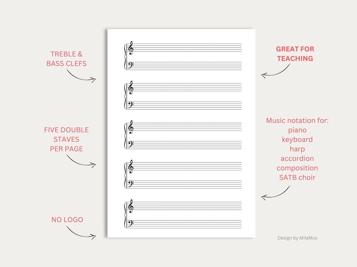 Music Notation Paper Printable, Blank Sheet Music, Treble and Bass Clef ...