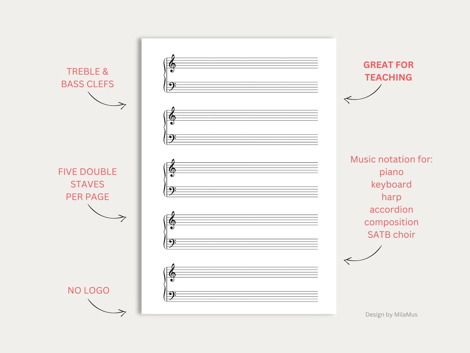 Music Notation Paper Printable, Blank Sheet Music, Treble and Bass Clef ...