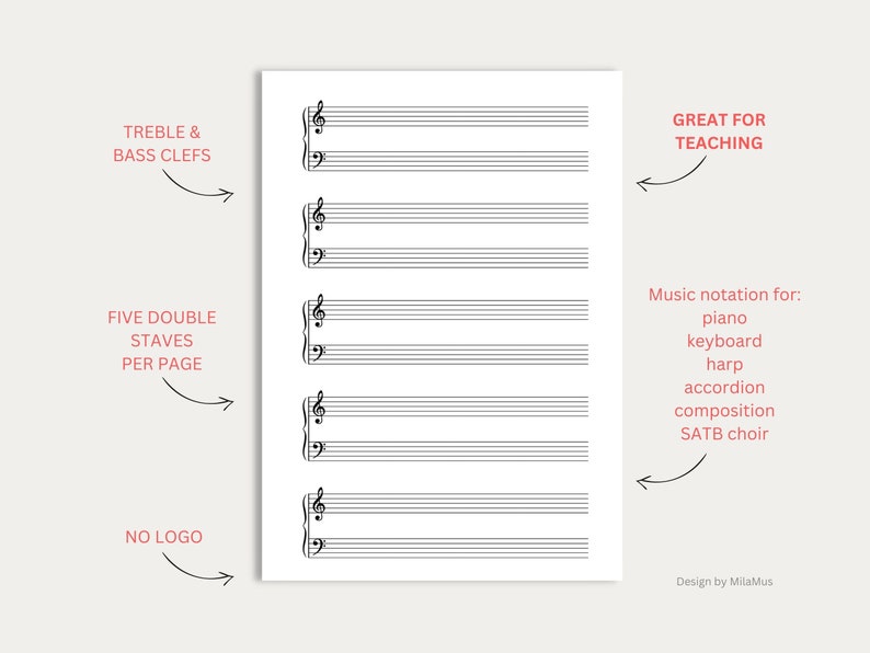 Music Notation Paper Printable, Blank Sheet Music, Treble and Bass Clef ...
