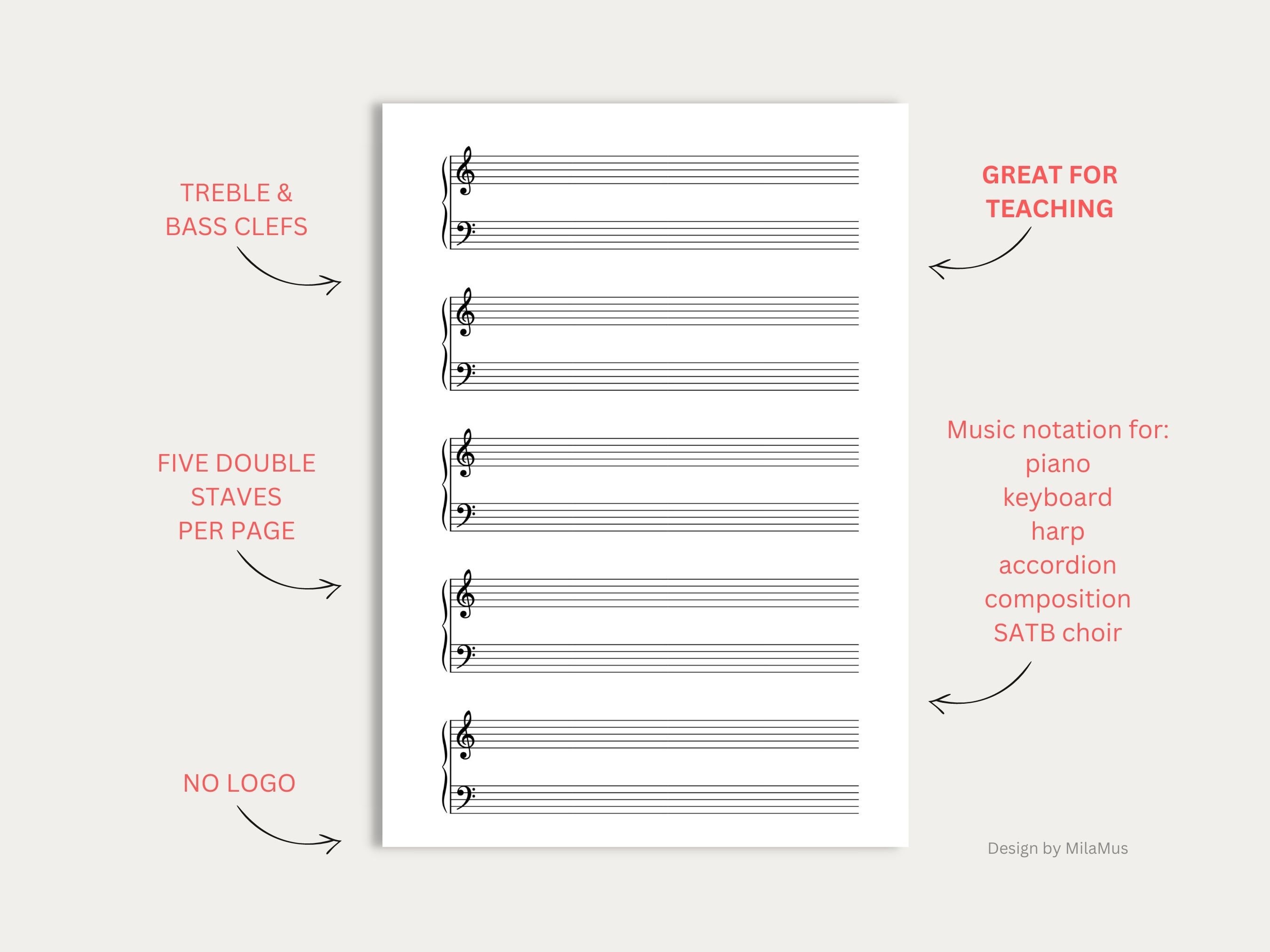 Music Notation Paper Printable, Blank Sheet Music, Treble and Bass Clef ...