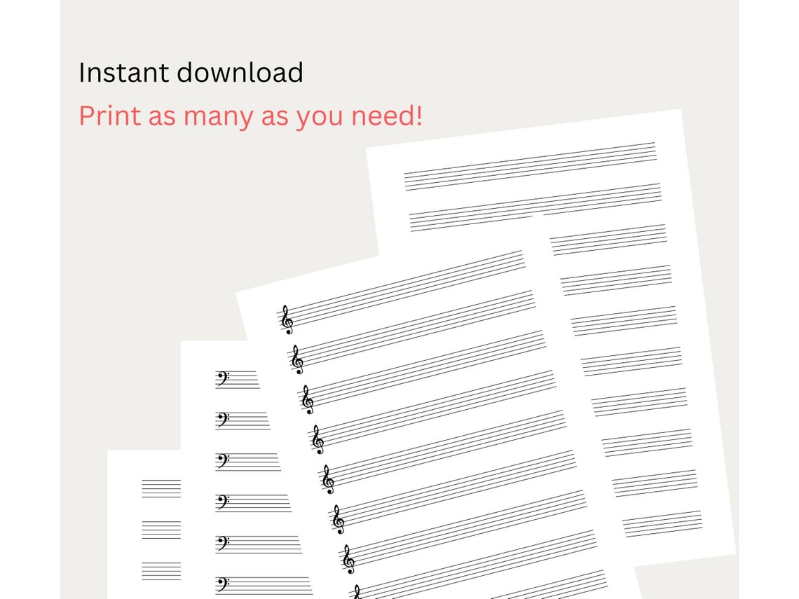 Printable Sheet Music, Blank Music Notation Paper, Treble Bass Clef, PDF A4 Letter Download ...
