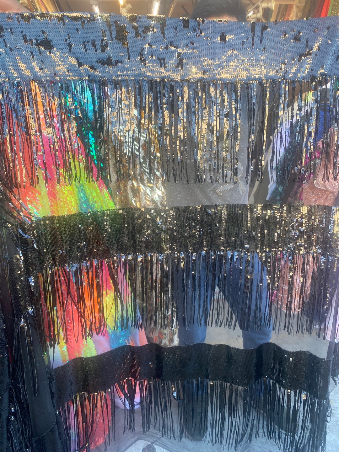 Ruffles Hanging Sequins Back Sequin and Black Mesh 2 Way Stretch Mesh ...